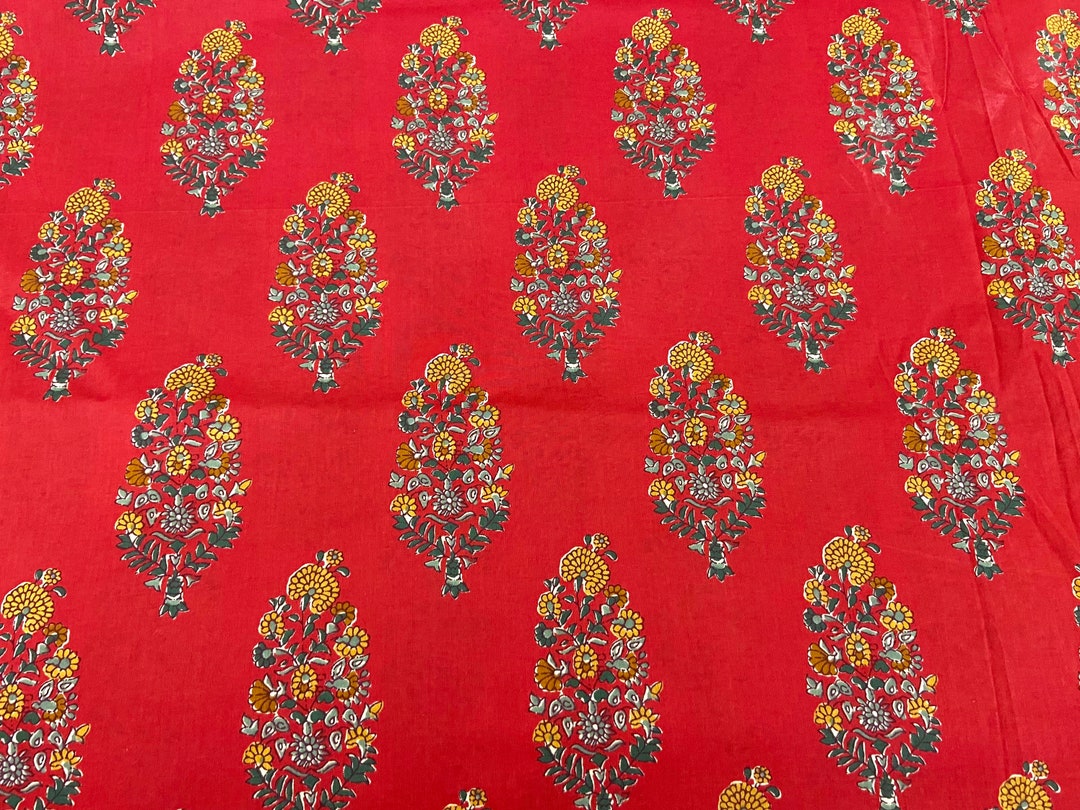 Red Floral Indian Hand Block Print Cotton Fabric, Mughal Buti Flower ...