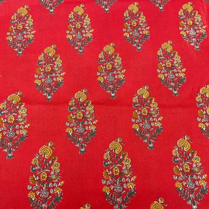 Red Floral Indian Hand Block Print Cotton Fabric, Mughal Buti Flower ...