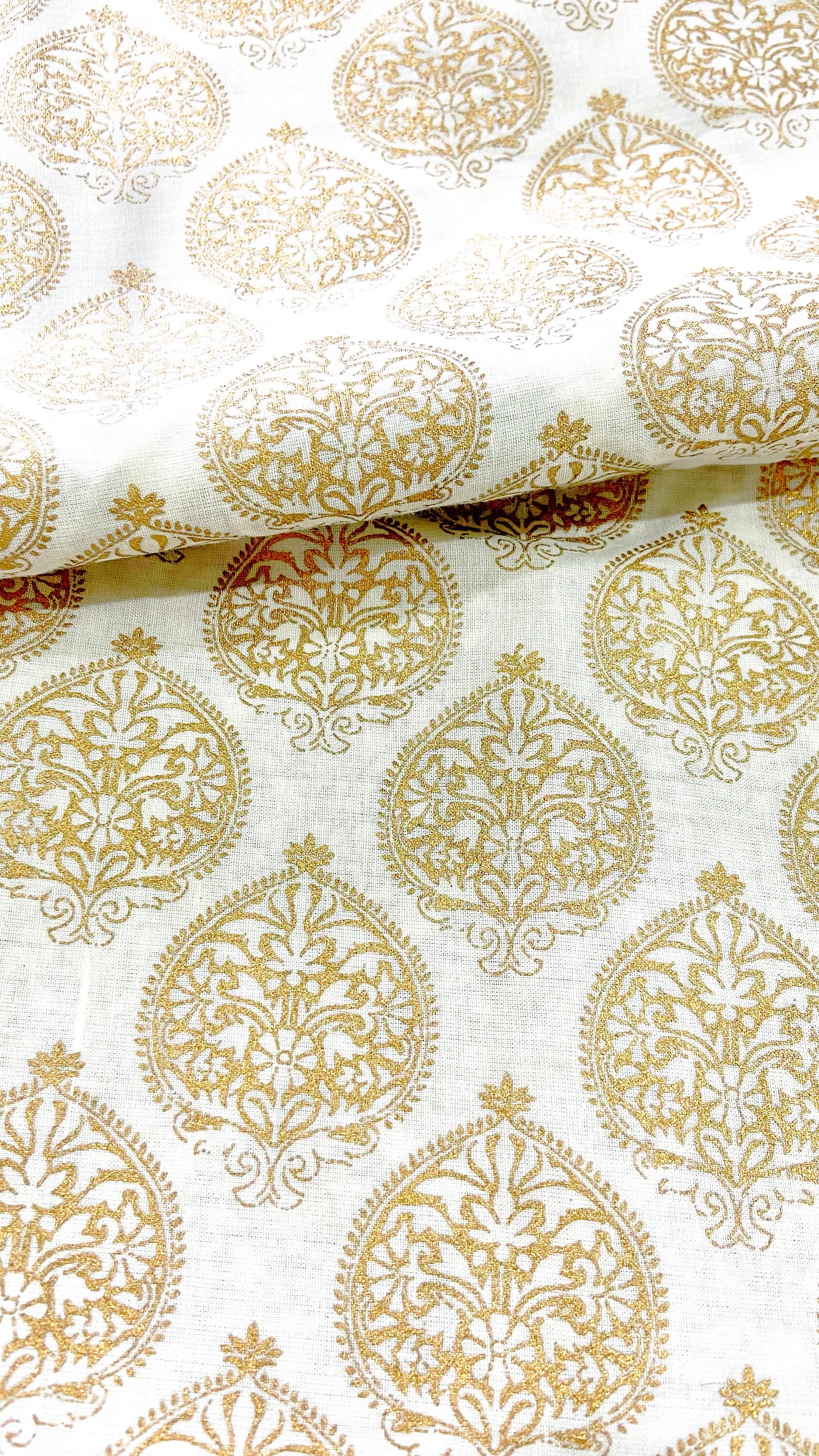 Mughal Floral Cotton Fabric: Gold Print With Pink Border, 44" Wide ...