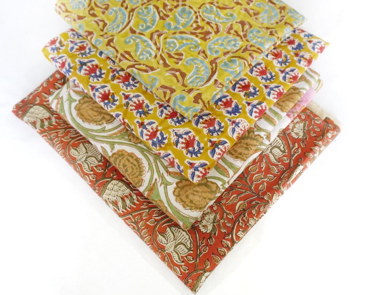 Earthy Color Fat Quarter Bundle, Hand Block Print Cotton Fabric, 4 Pack ...