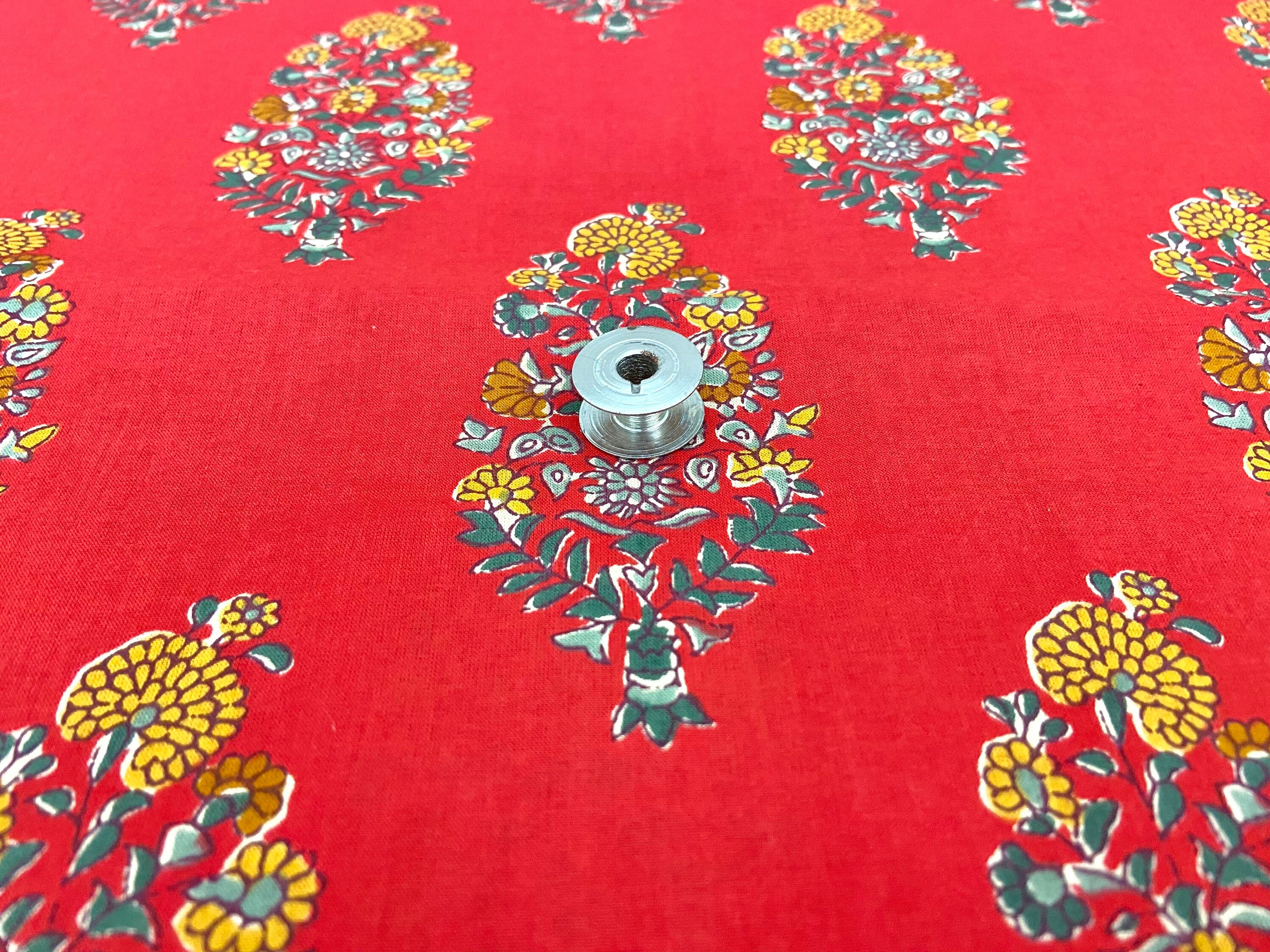 Red Floral Indian Hand Block Print Cotton Fabric, Mughal Buti Flower ...
