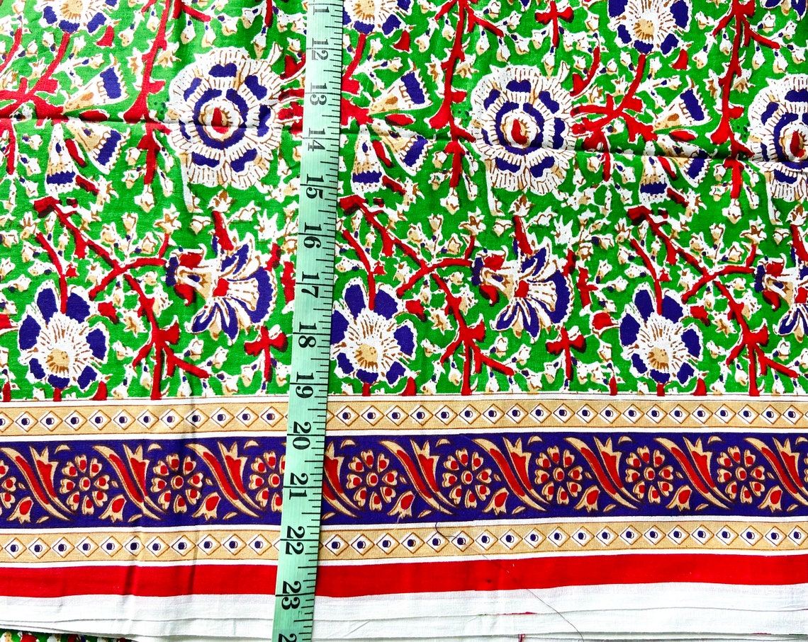 Green Floral Cotton Fabric With Border Screen Print Medium - Etsy