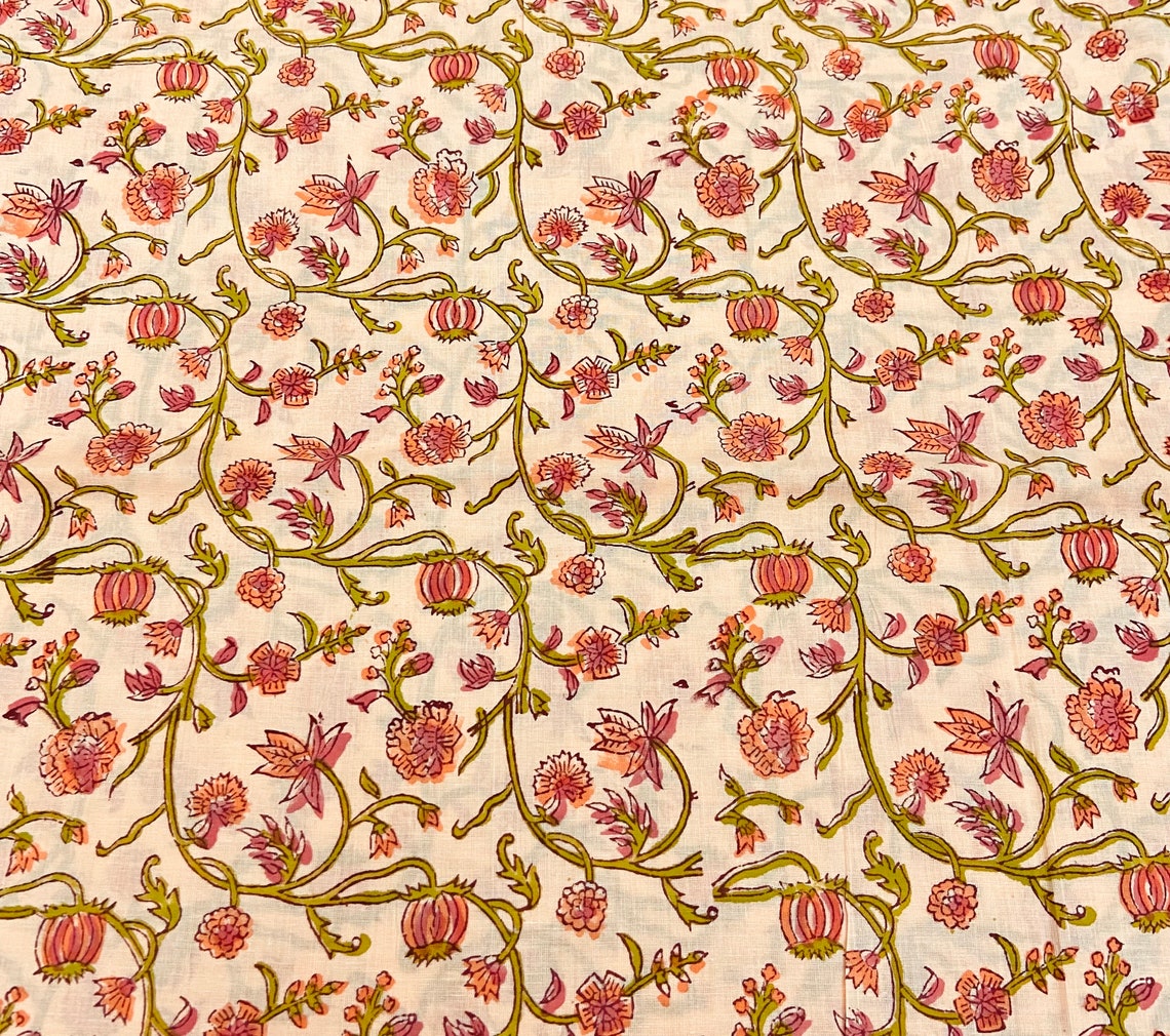 Orange Floral Indian Block Print Fabric, 100% Cotton Fabric ...