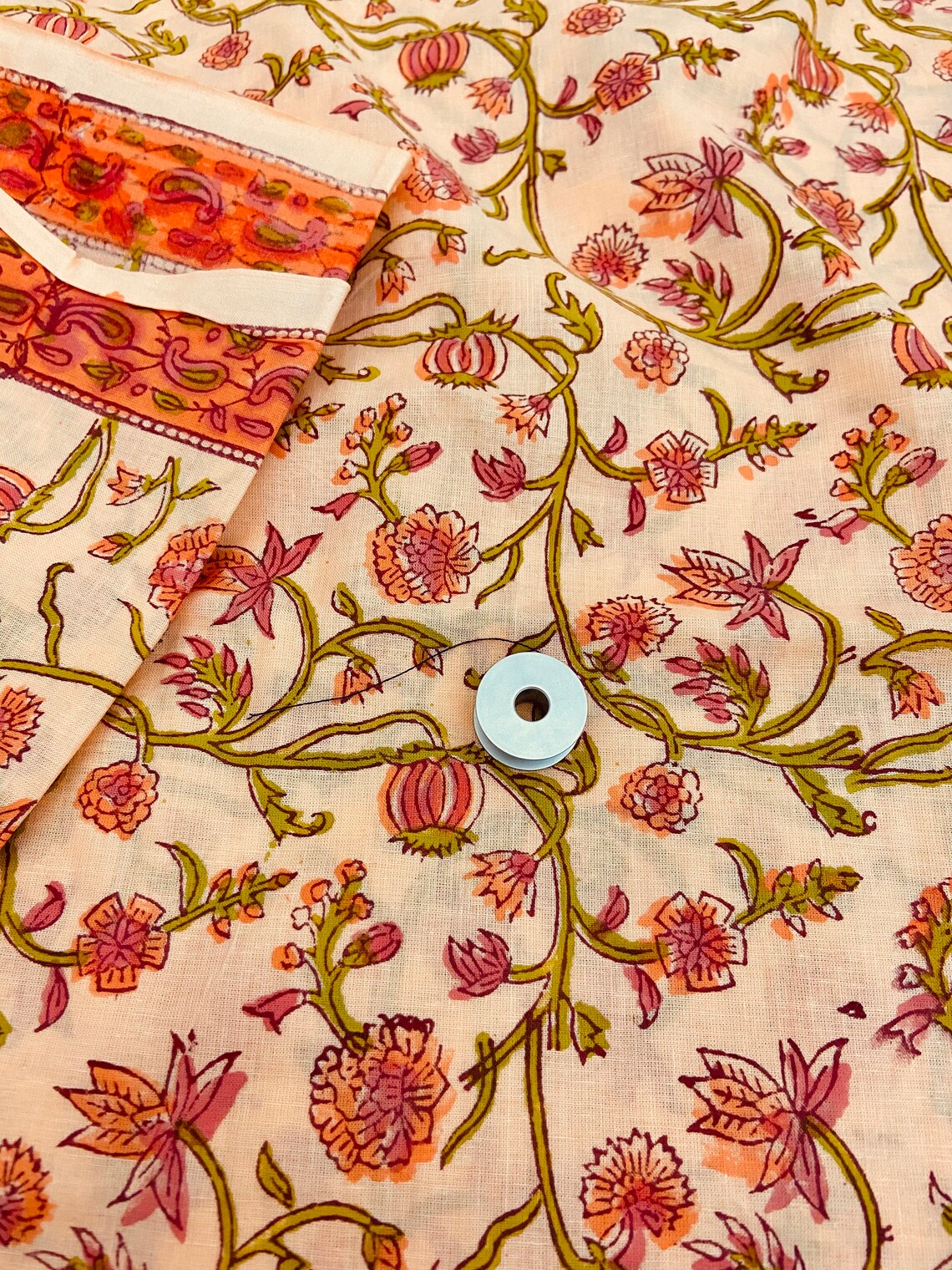 Orange Floral Indian Block Print Fabric, 100% Cotton Fabric ...
