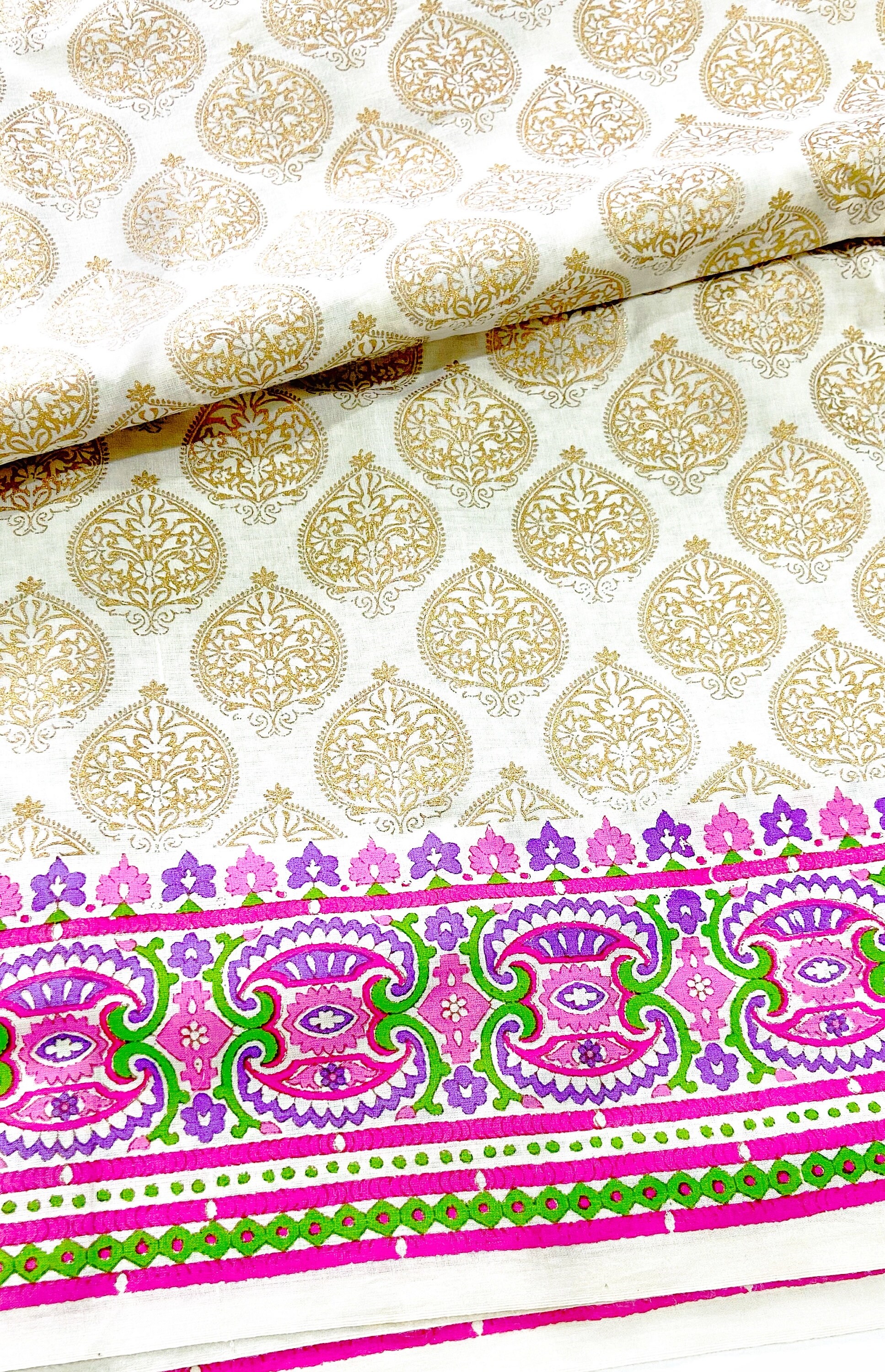 Mughal Floral Cotton Fabric: Gold Print With Pink Border, 44" Wide ...