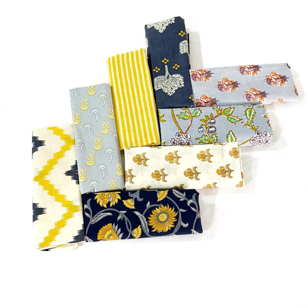 Block Print Fat Quarter Bundle, Set of 6 Cotton Fabrics in Navy Blue ...