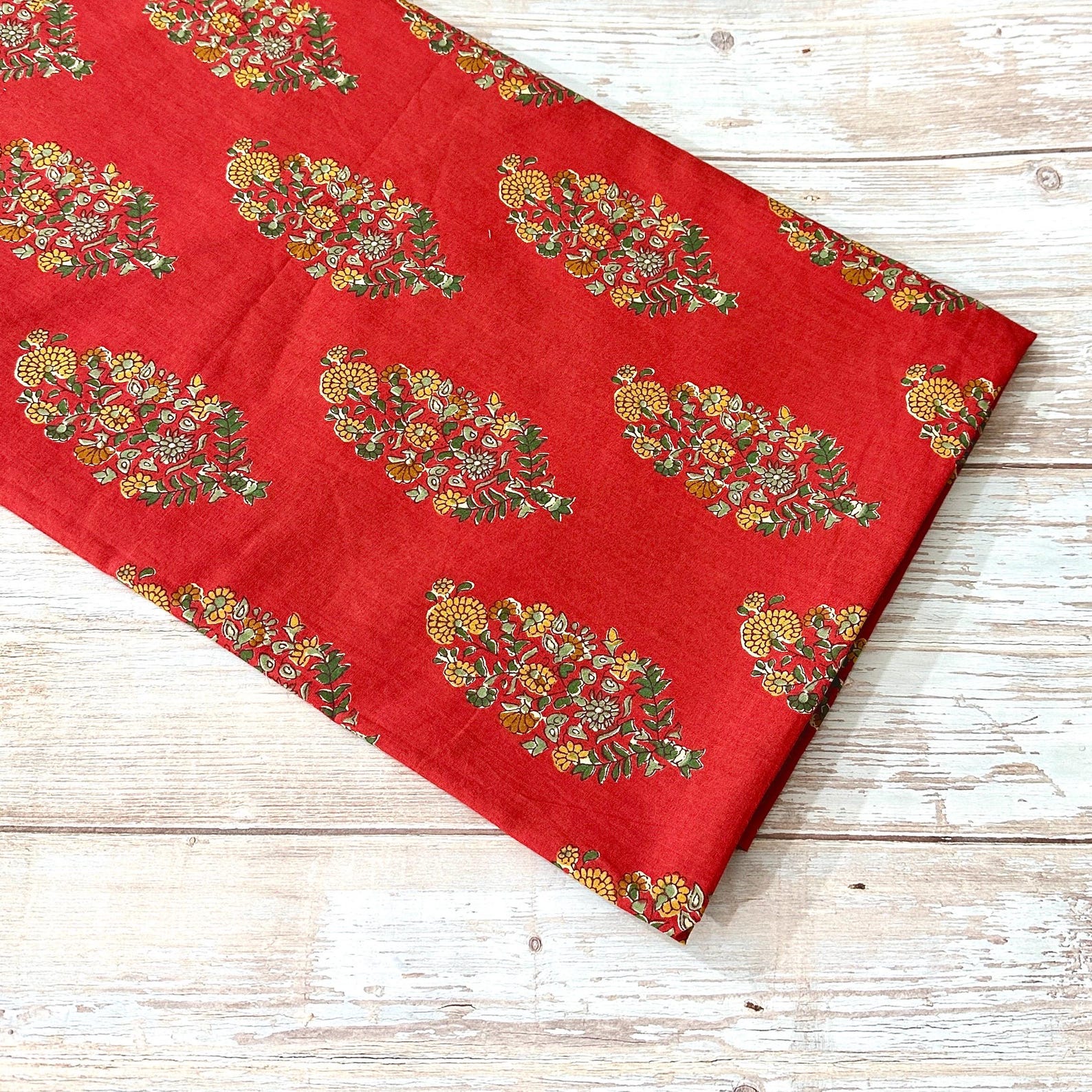Red Floral Indian Hand Block Print Cotton Fabric, Mughal Buti Flower ...