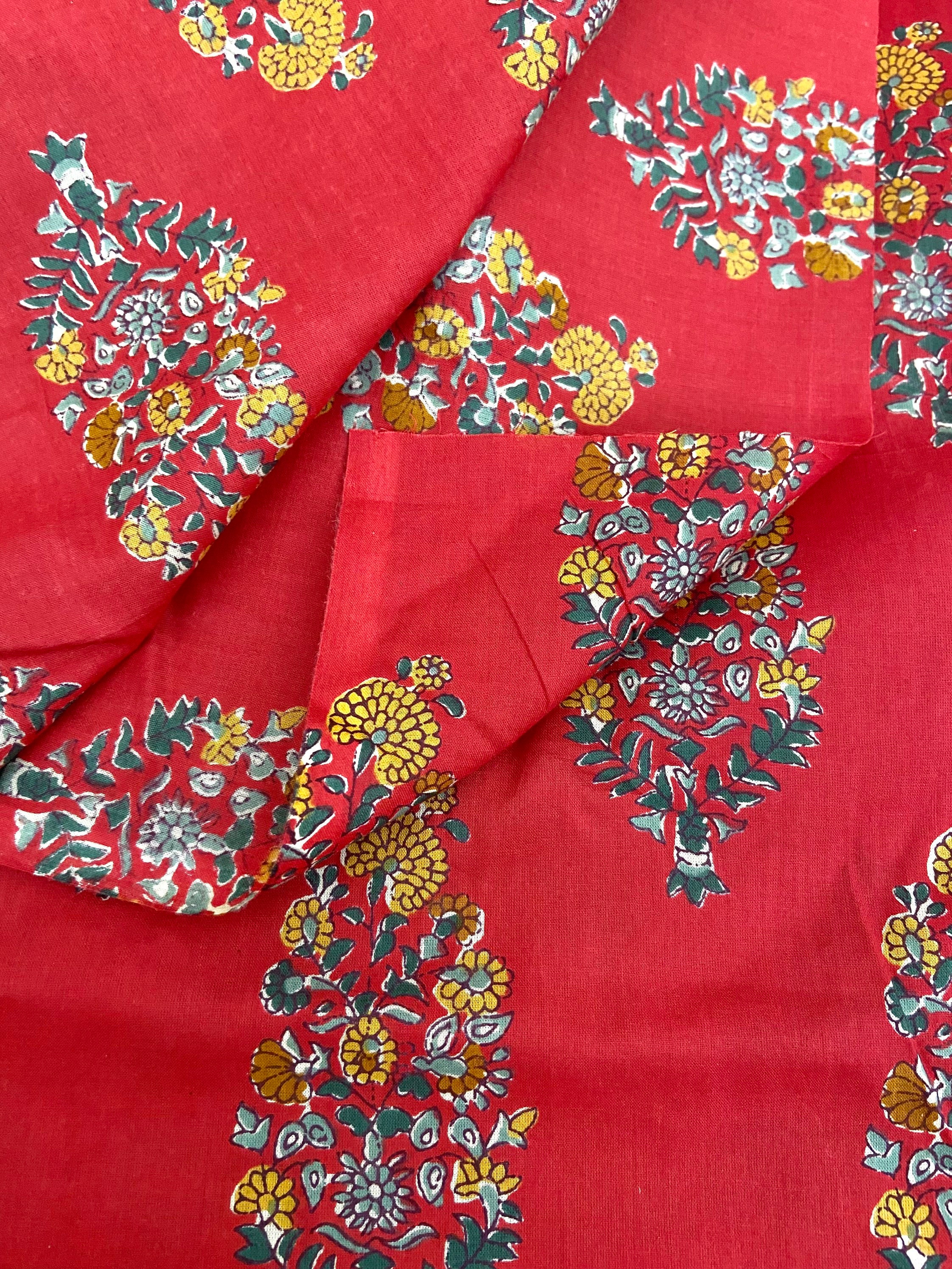 Red Floral Indian Hand Block Print Cotton Fabric, Mughal Buti Flower ...