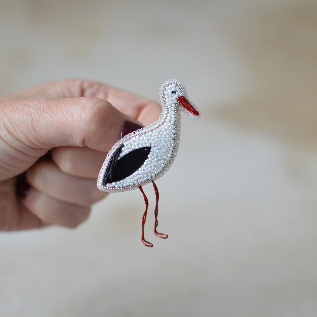 White Stork Embroidered Brooch - Etsy