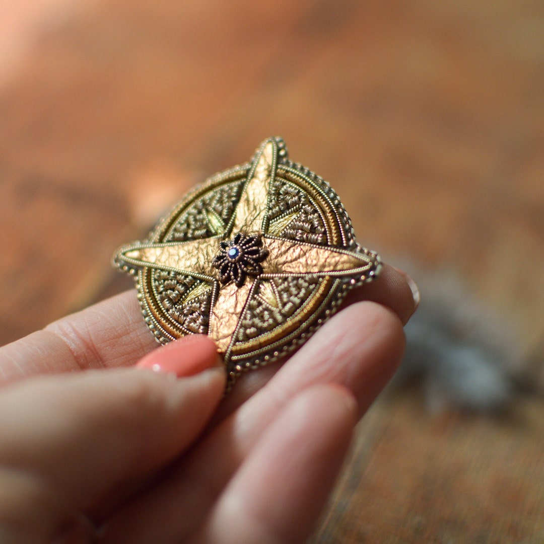 Golden Compass Pin, Goldwork Embroidery Brooch, Jewelry Gift for ...