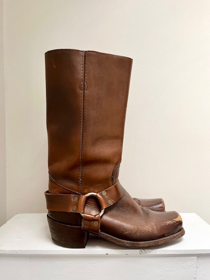 Vtg FRYE Brown Leather Motorcycle Boots / Square Toe Moto Cowboy Boots ...