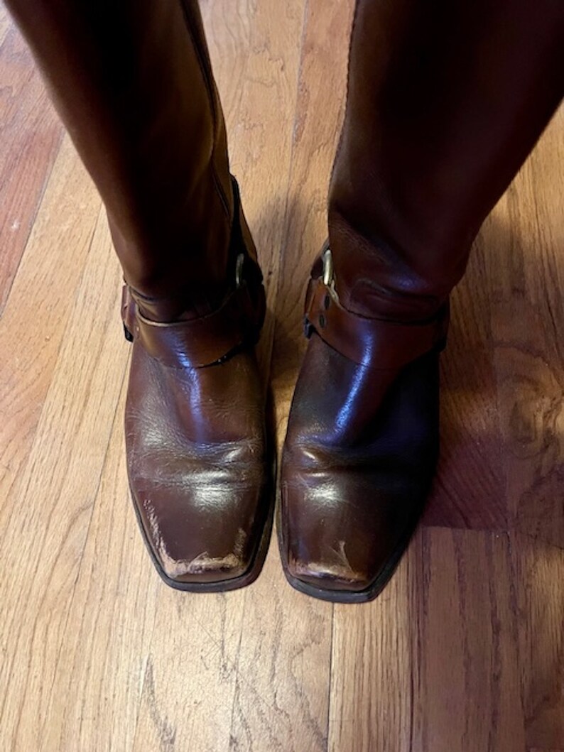 Vtg FRYE Brown Leather Motorcycle Boots / Square Toe Moto Cowboy Boots ...