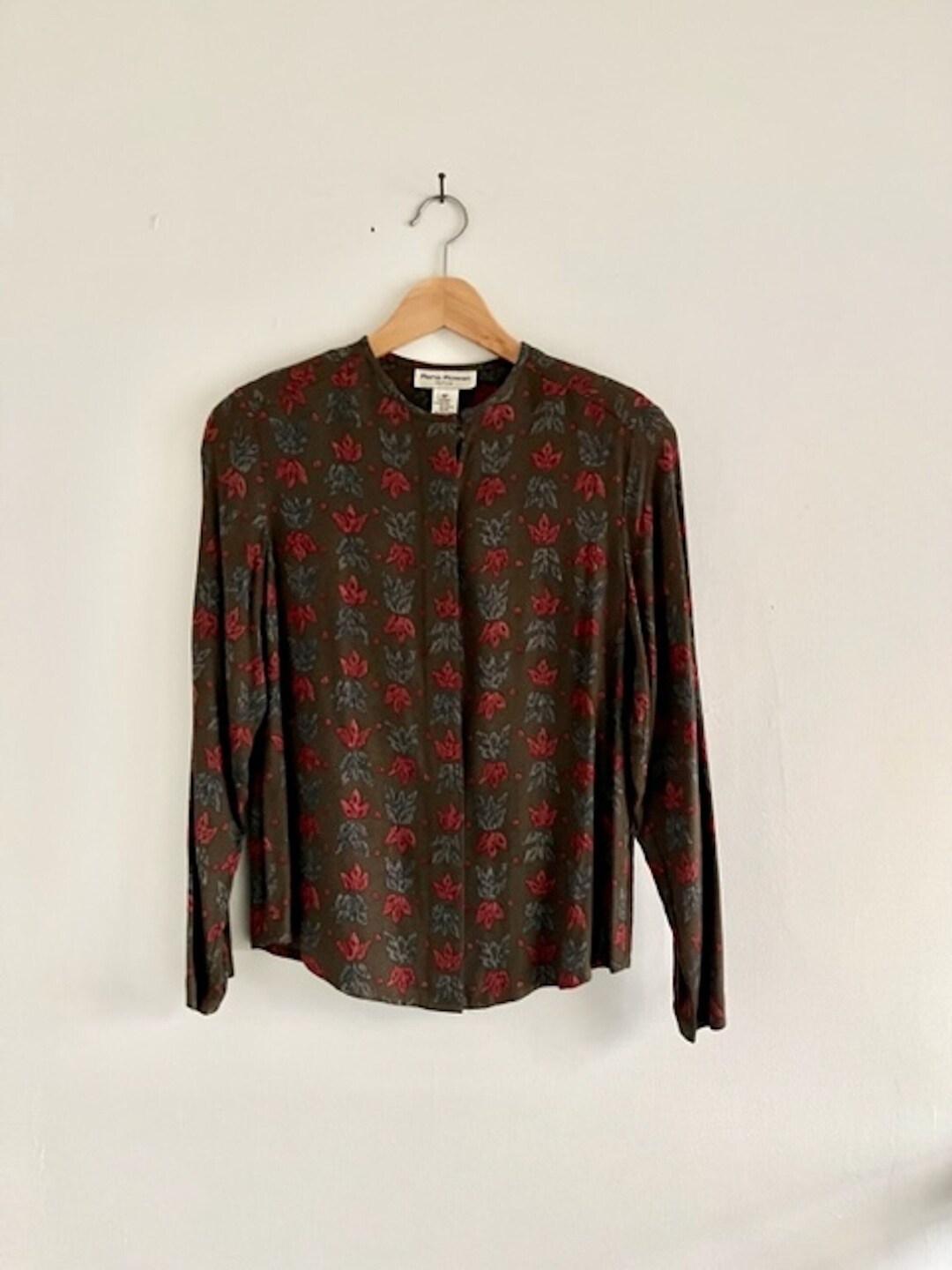 Vintage RENA ROWAN Collarless Button Down Shirt W/ Abstract Pattern ...