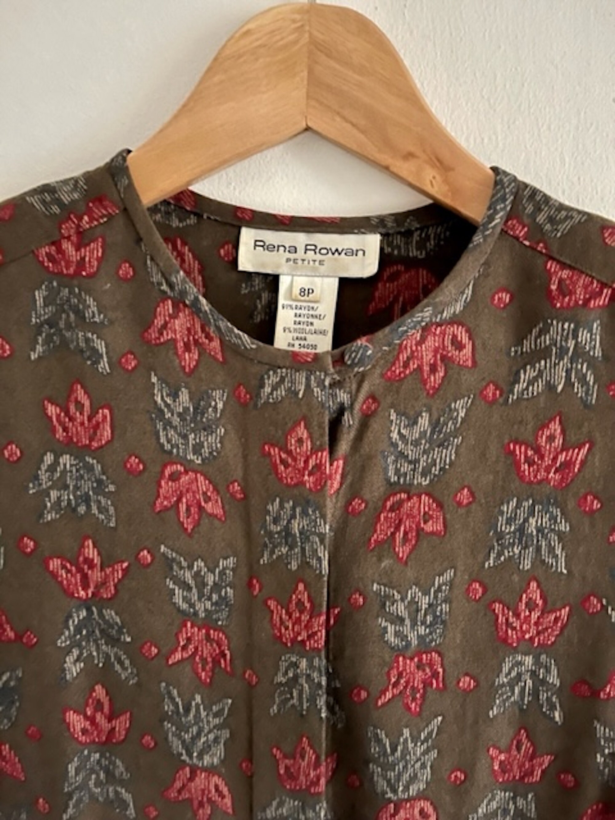 Vintage RENA ROWAN Collarless Button Down Shirt W/ Abstract Pattern ...