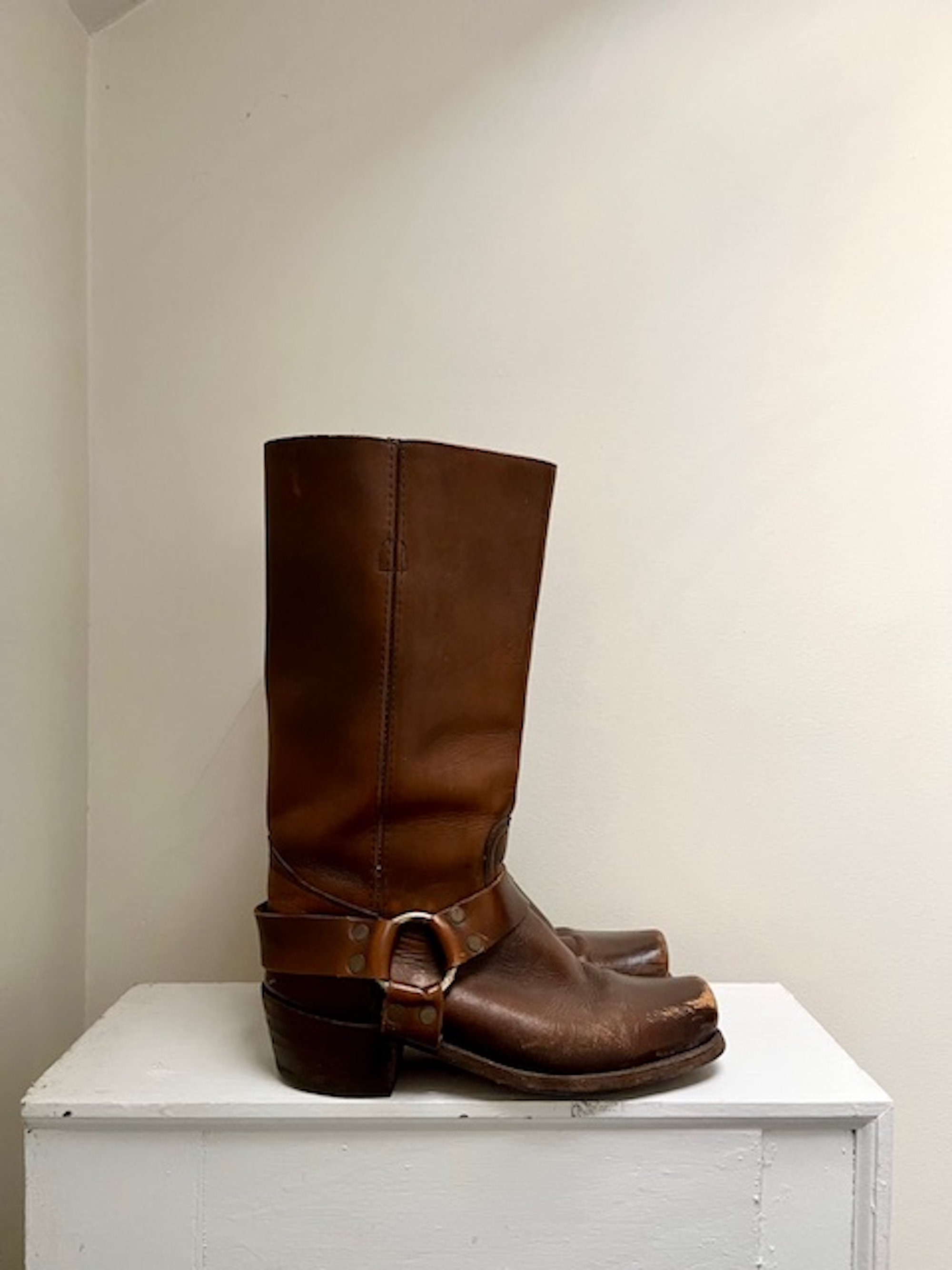 Vtg FRYE Brown Leather Motorcycle Boots / Square Toe Moto Cowboy Boots ...