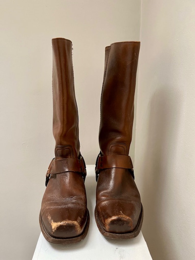 Vtg FRYE Brown Leather Motorcycle Boots / Square Toe Moto Cowboy Boots ...