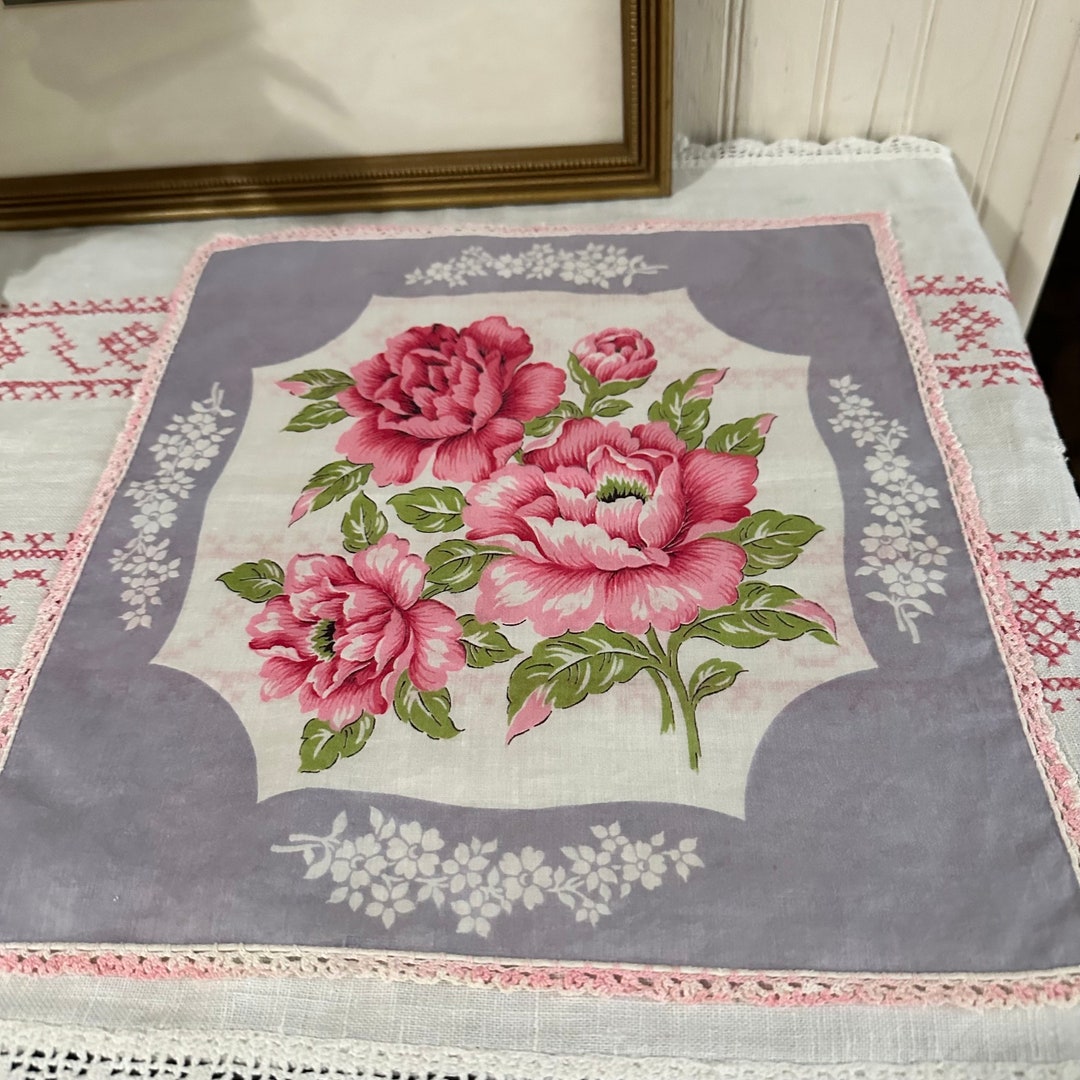 Vintage Floral Handkerchief/mid Century Hankie Crocheted Trim - Etsy