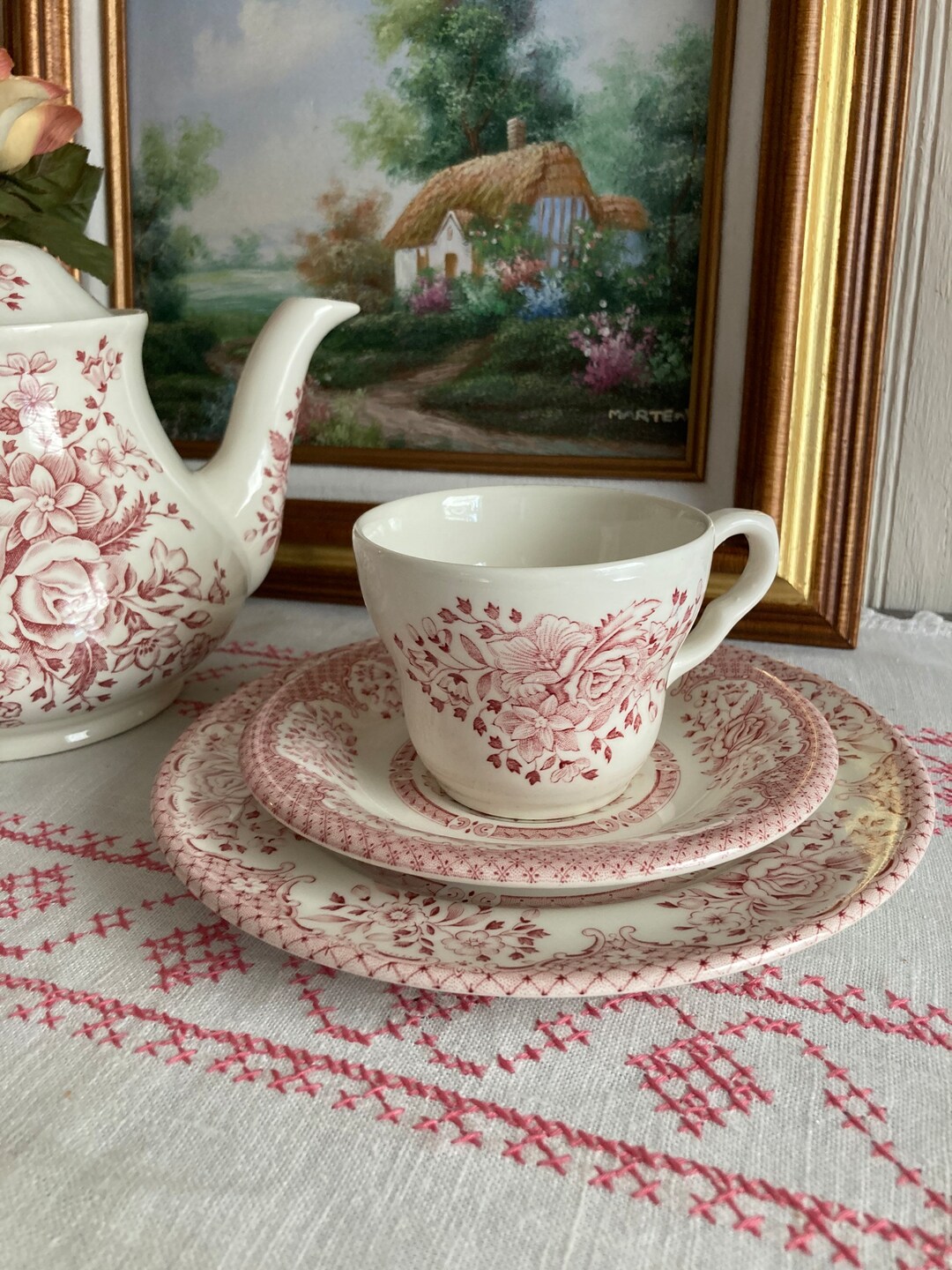 Johnson Bros Red Transferware Tea Cup Saucer and Plate/sold Separately ...