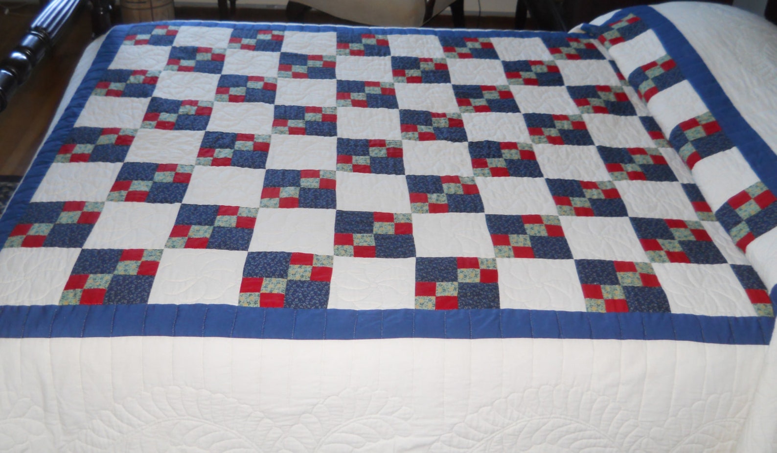 Gorgeous Nine Patch Quilt Exquisite Hand Quilting. Large Size. Great ...