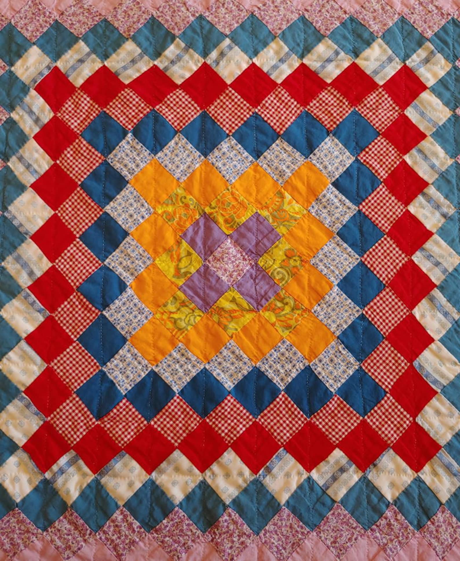 Vintage, Homemade Boston Commons Quilt. Bold Colors and Patterns. 85 X ...