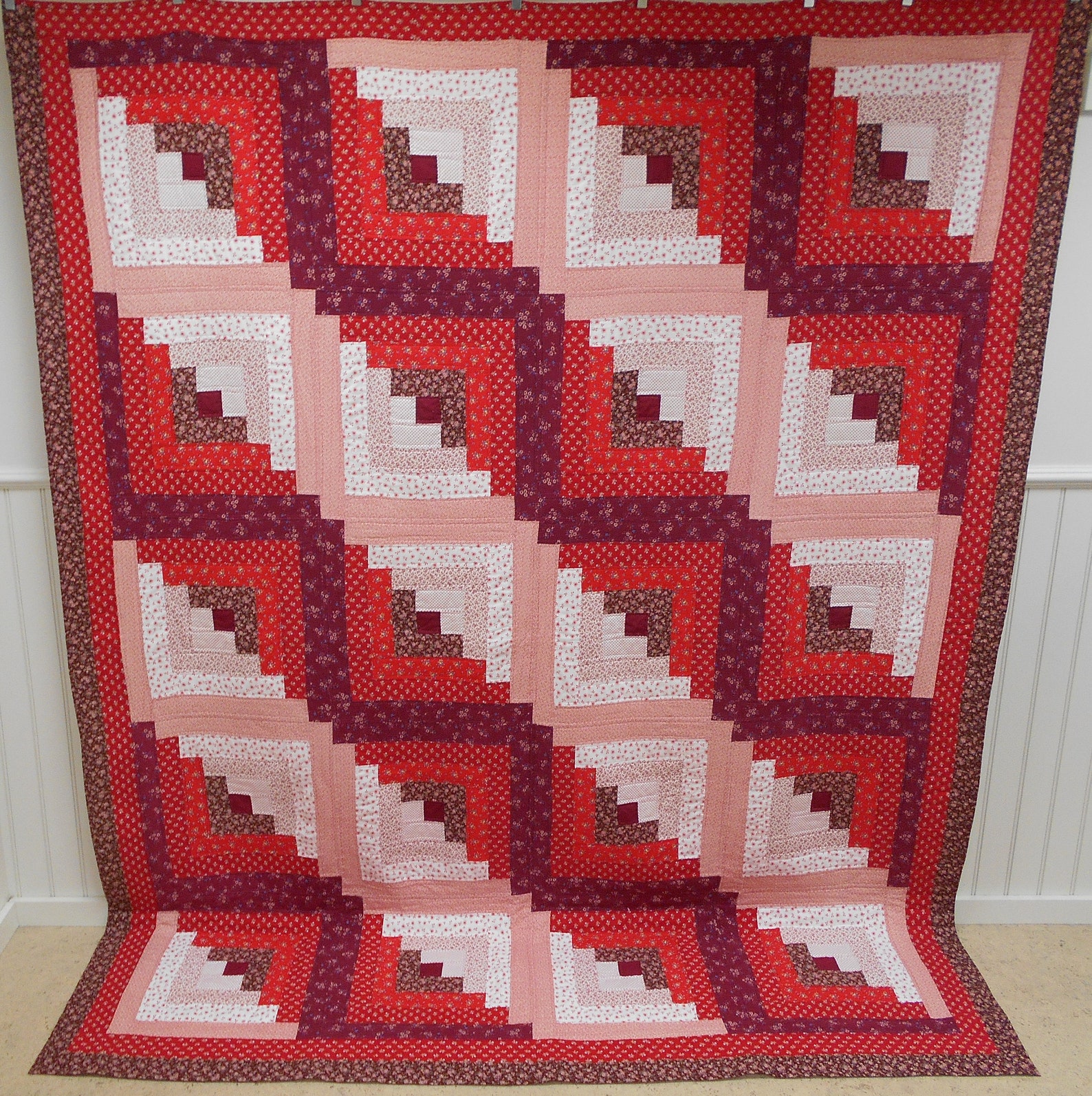 Showstopper Reds Vintage Log Cabin / Straight Furrows Quilt. With ...
