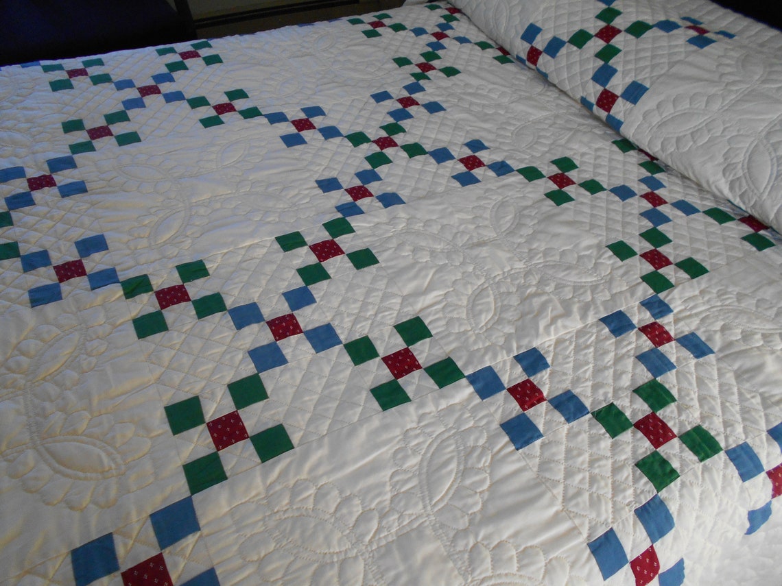 Irish Chain / Nine Patch Quilt. Blue Maroon & White. Hand | Etsy