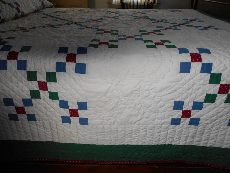 Irish Chain / Nine Patch Quilt. Blue, Maroon & White. Hand Quilted ...