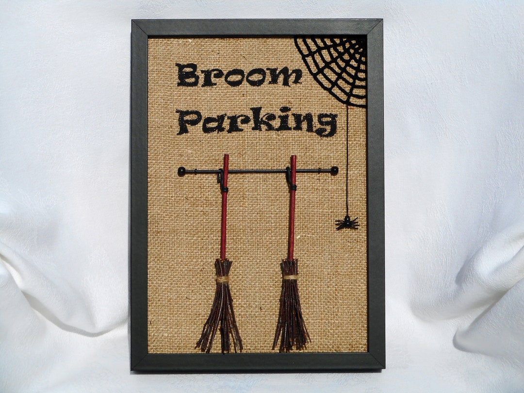 Witch Broom Parking Sign Burlap Wall Art Witchy Wall Sign Vertical Wall ...