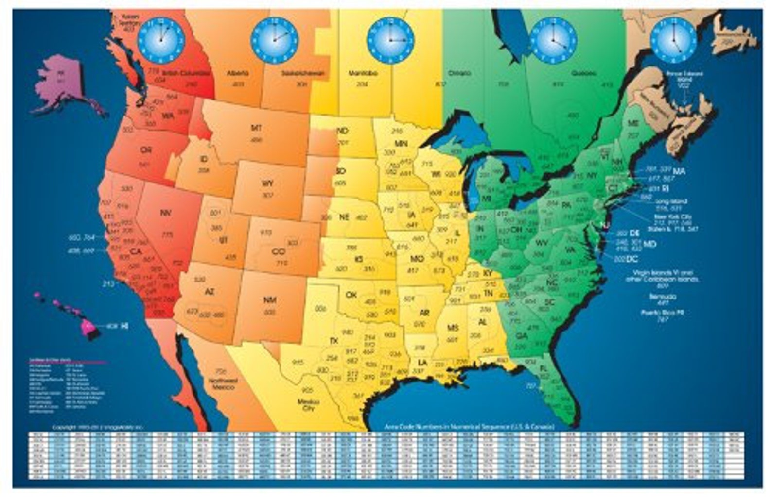 North America Laminated Gloss Full Color Time Zone Area Code Map ...