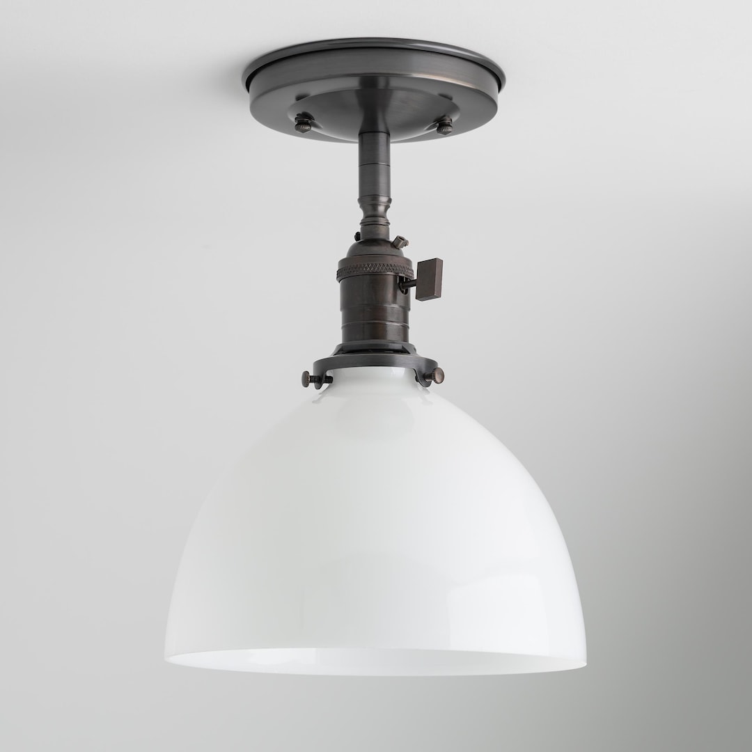 8" White Glass Dome Semi Flush Stem Mount Light Fixture **USA Handblown ...