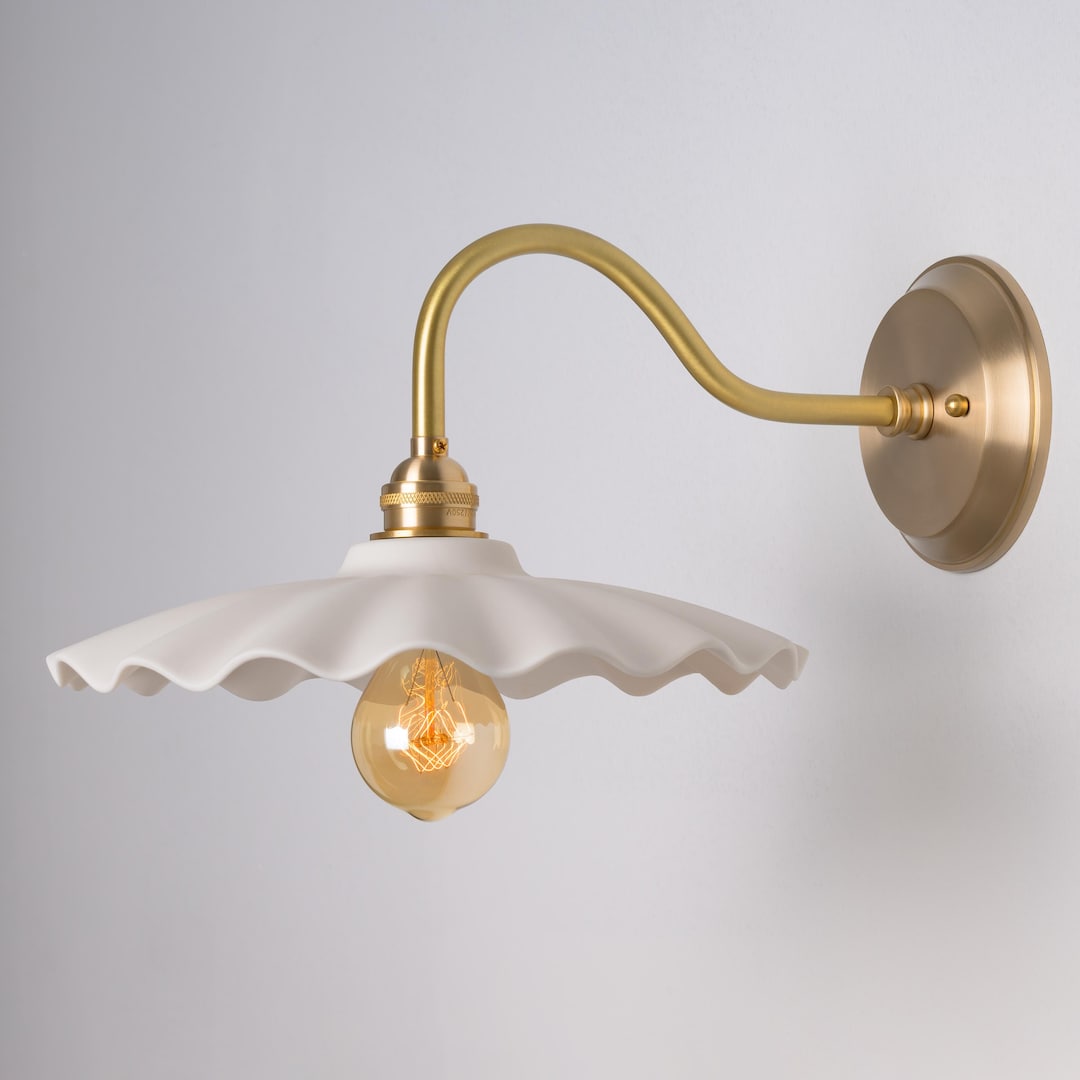 Scalloped Ceramic Shade - Wall Sconce Lighting - Gooseneck Sconce ...