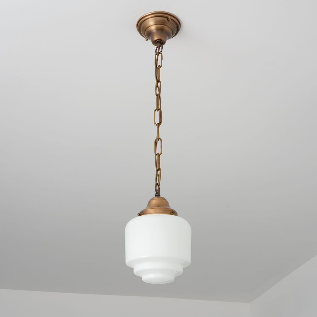 Kitchen Lighting - White Glass Pendant - Chain Hung Fixture - Brass ...