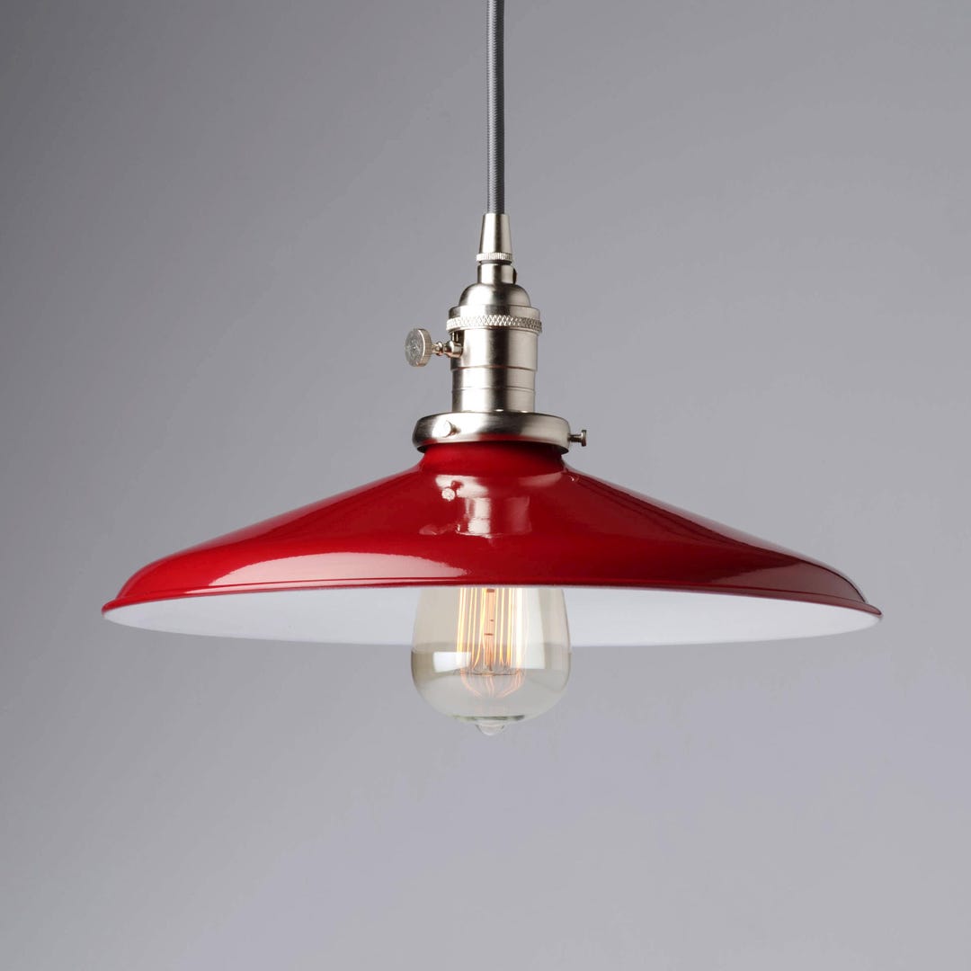 Pendant Light Fixture Red 14” Metal Porcelain Enamel Vintage Industrial ...