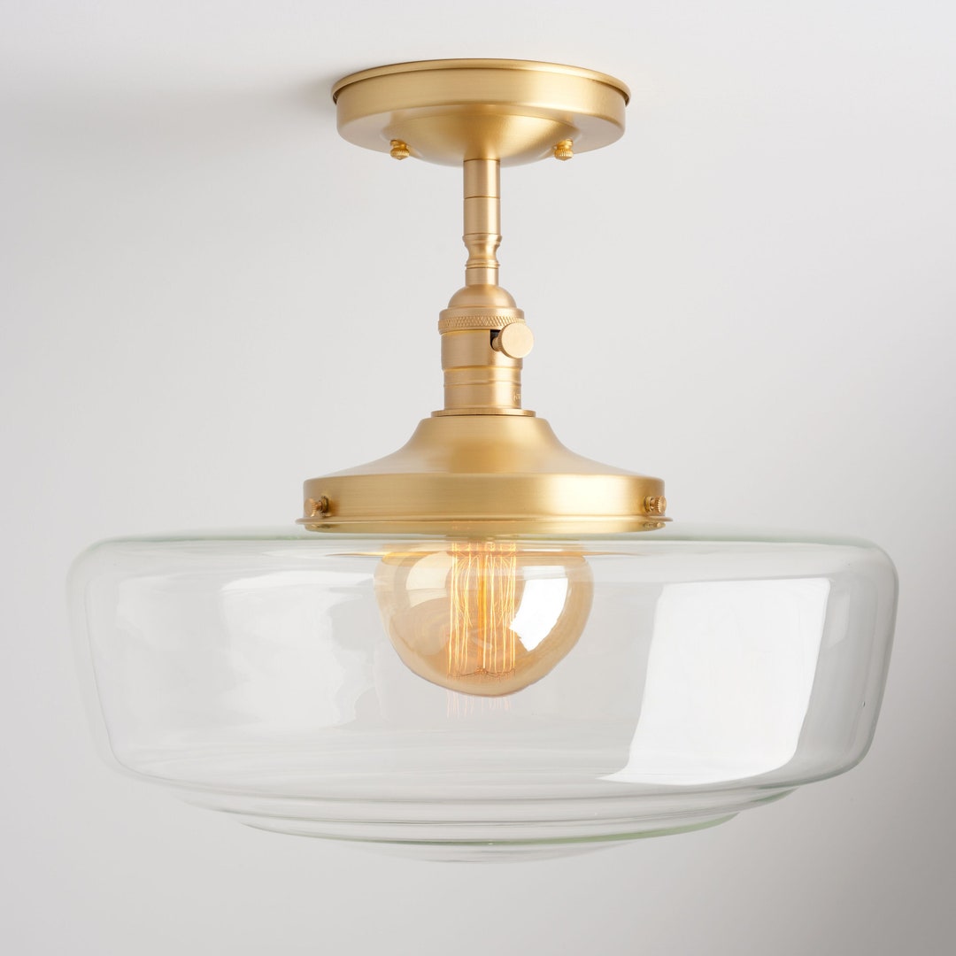 Large 14" Clear Modern Schoolhouse Fixture - Brass Lighting - Semi ...