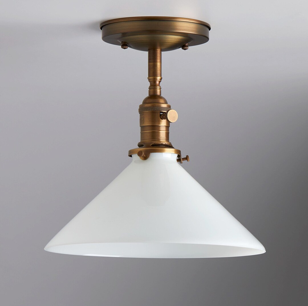 Opal Handblown Glass Cone Shade - Semi Flush Mount - Light Fixture ...