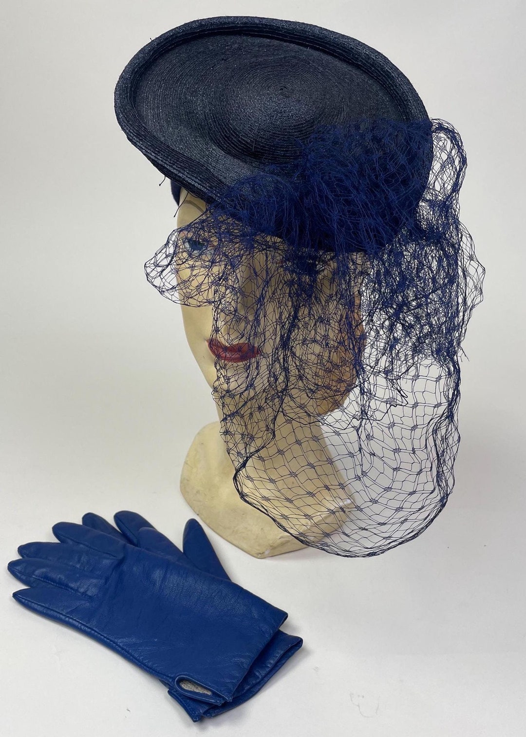 Vintage 1930s 1940s Blue Straw Net Whimsey Tilt Hat / 30s 40s Netted ...