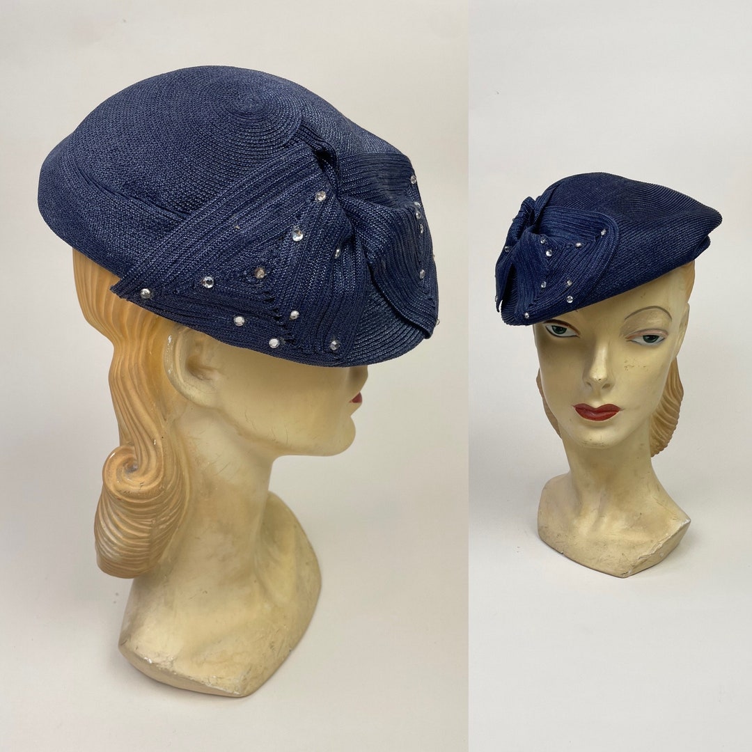Vintage 1940s Blue Straw Rhinestone Tilt Hat / 40s Asymmetrical Tilted ...