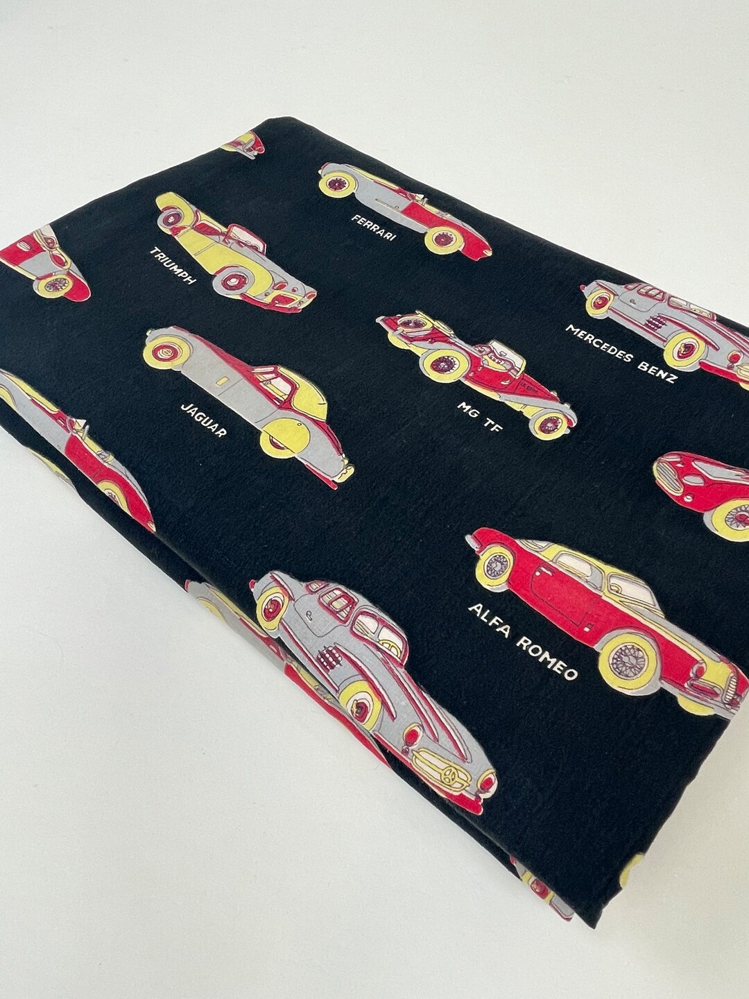 1970s Novelty Race Car Print Fabric - Ferrari, Jaguar, MG Pair Drapes ...