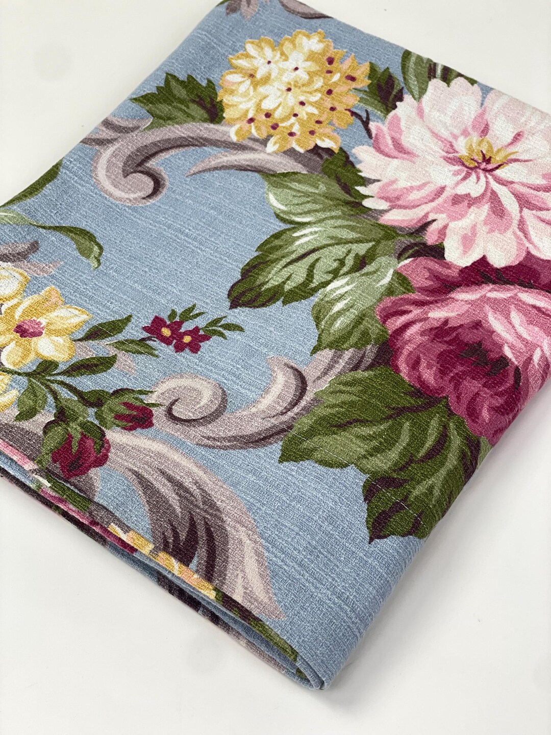 Vintage 1940s Floral Barkcloth Gray Blue Taupe Pink Fabric / 40s Pillow ...