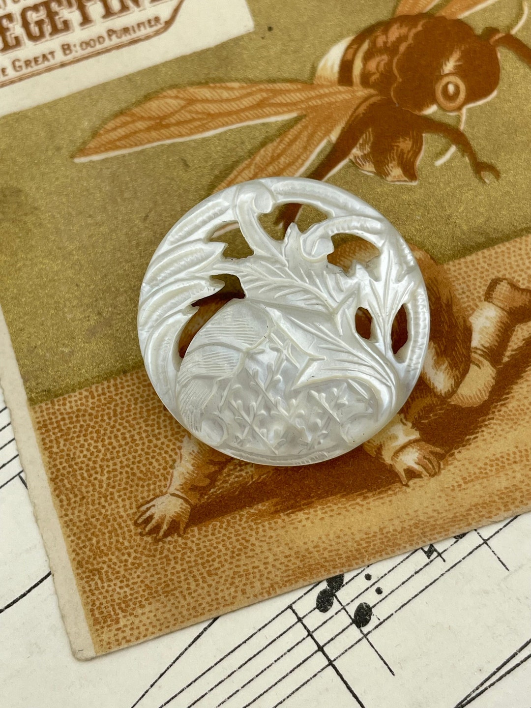 Antique 1800s Victorian Carved Openwork Etched Pierced Pearl Shell ...
