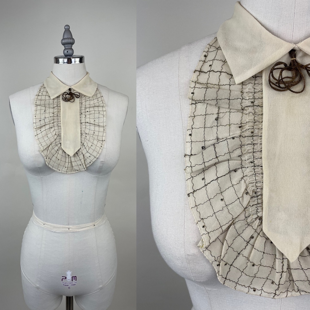 Vintage 1930s Silk Chiffon Gold Metal Bullion Bow Trim Dickie Ruffled Collar / 30s Bib Bibs Art ...