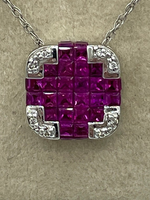 Vintage 14K White Gold Princess Cut Ruby Rubies Diamo… - Gem