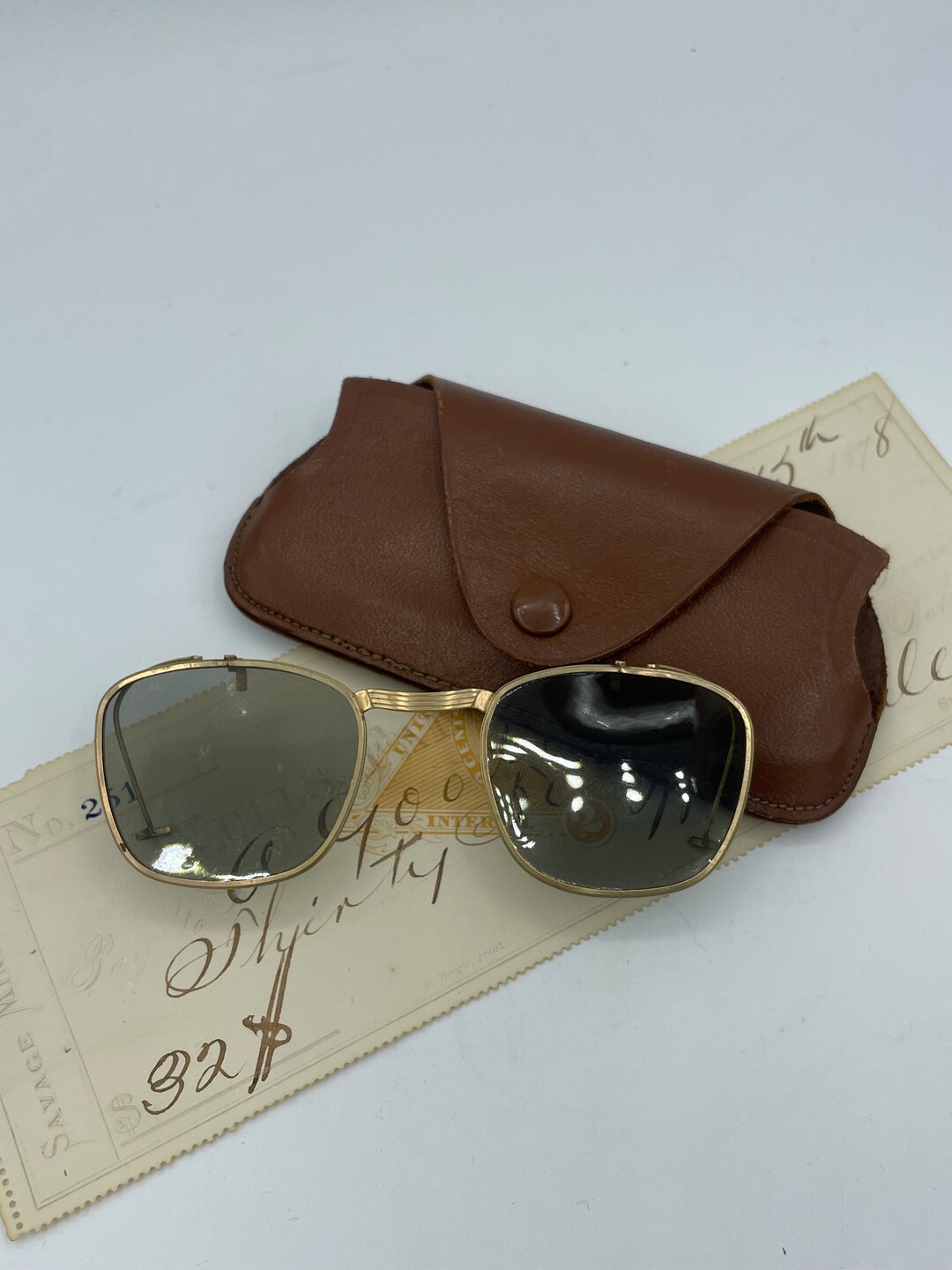 Vintage 1950s Square Aviator Clip on Sunglasses / 50s Green Lens Gold ...