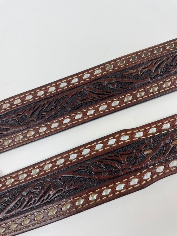 Vintage Brown Tooled Leather Leafy White Hand Lace Wh… - Gem