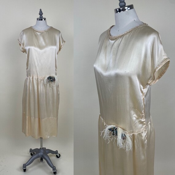 Vintage 1920s Ivory Cream White Silk Satin Flapper Dr… - Gem
