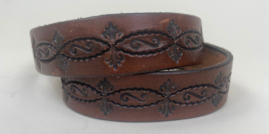 Vintage 1970s Hand Stamped Fleur De Lis Tooled Leather Narrow Hippie ...