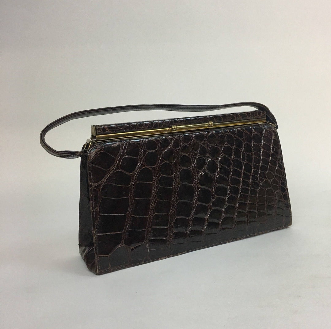 Vintage 1950s Prado Alligator Leather Handbag: Brown Top Handle Purse ...