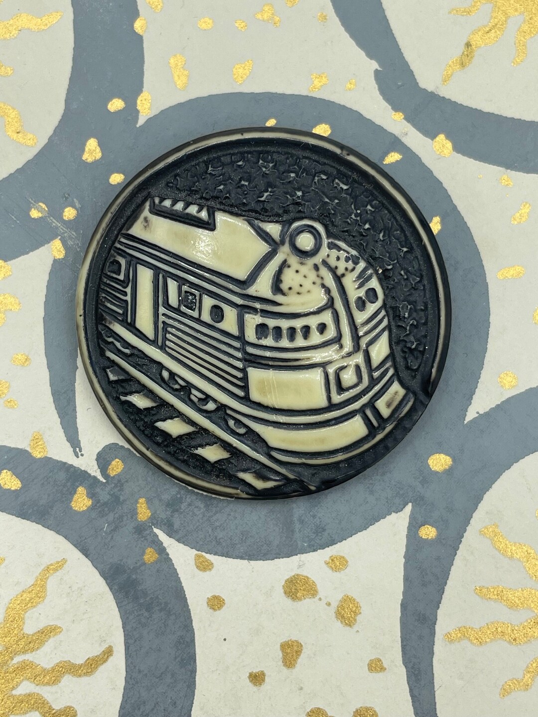 Vintage Buff Celluloid Train Transportation Round Wafer Button / 1 11/ ...