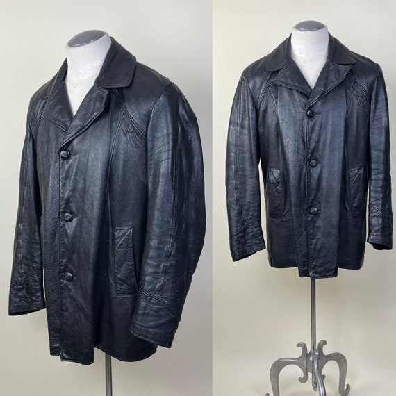 Vintage 1960s Men's Black Leather Car Coat Jacket / W… - Gem
