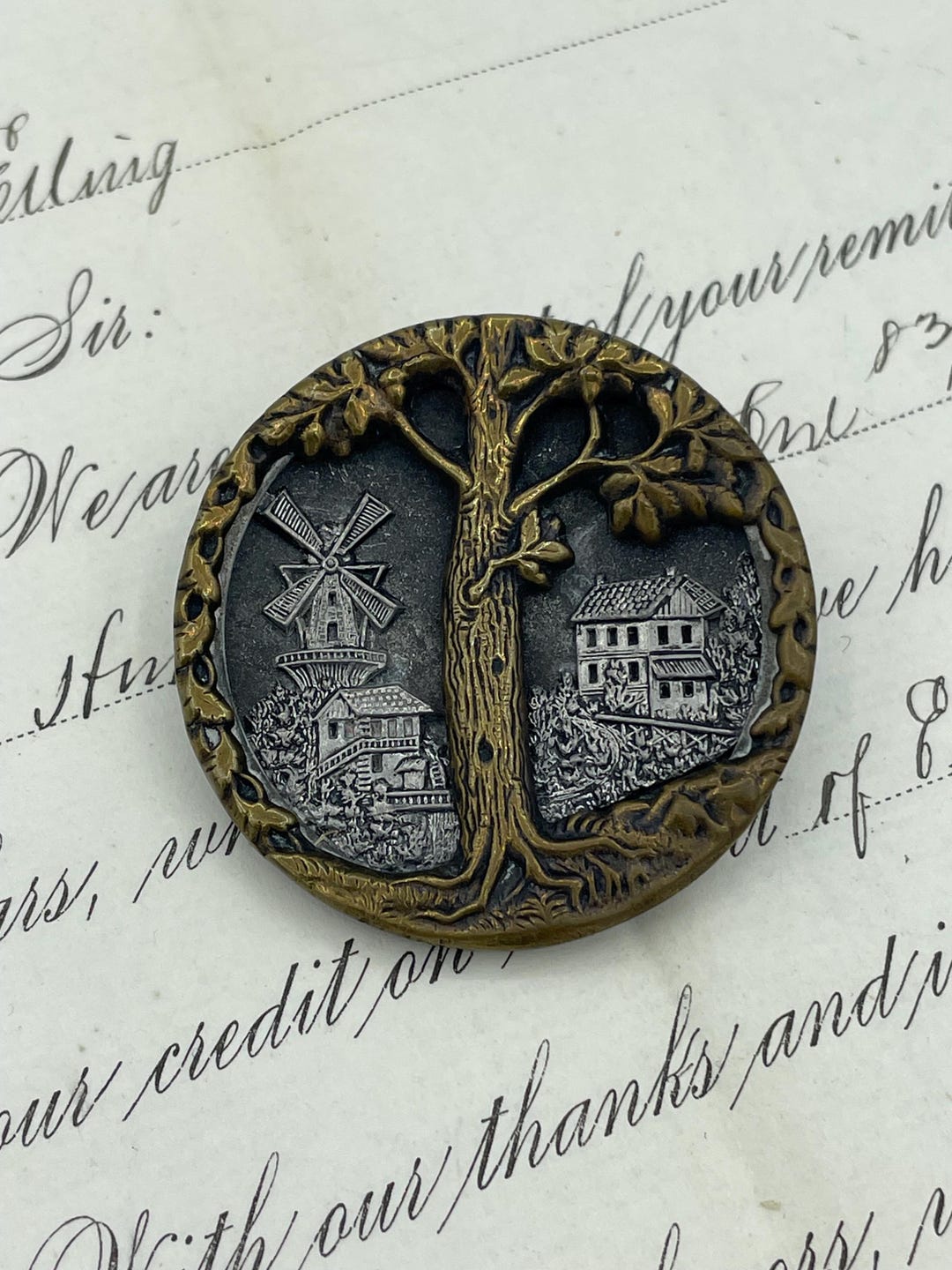 19th C Pictorial Brass Windmill Oak Tree Button / 1 1/2" / the Charter ...